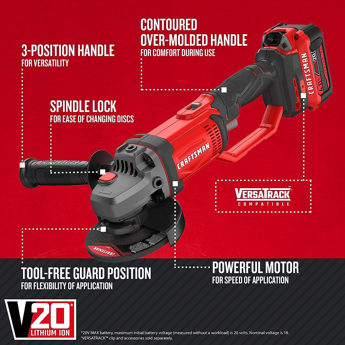 CRAFTSMAN V20 Cordless Angle Grinder Tool Kit, 4-1/2 inch, Battery and Charger Included (CMCG400M1)