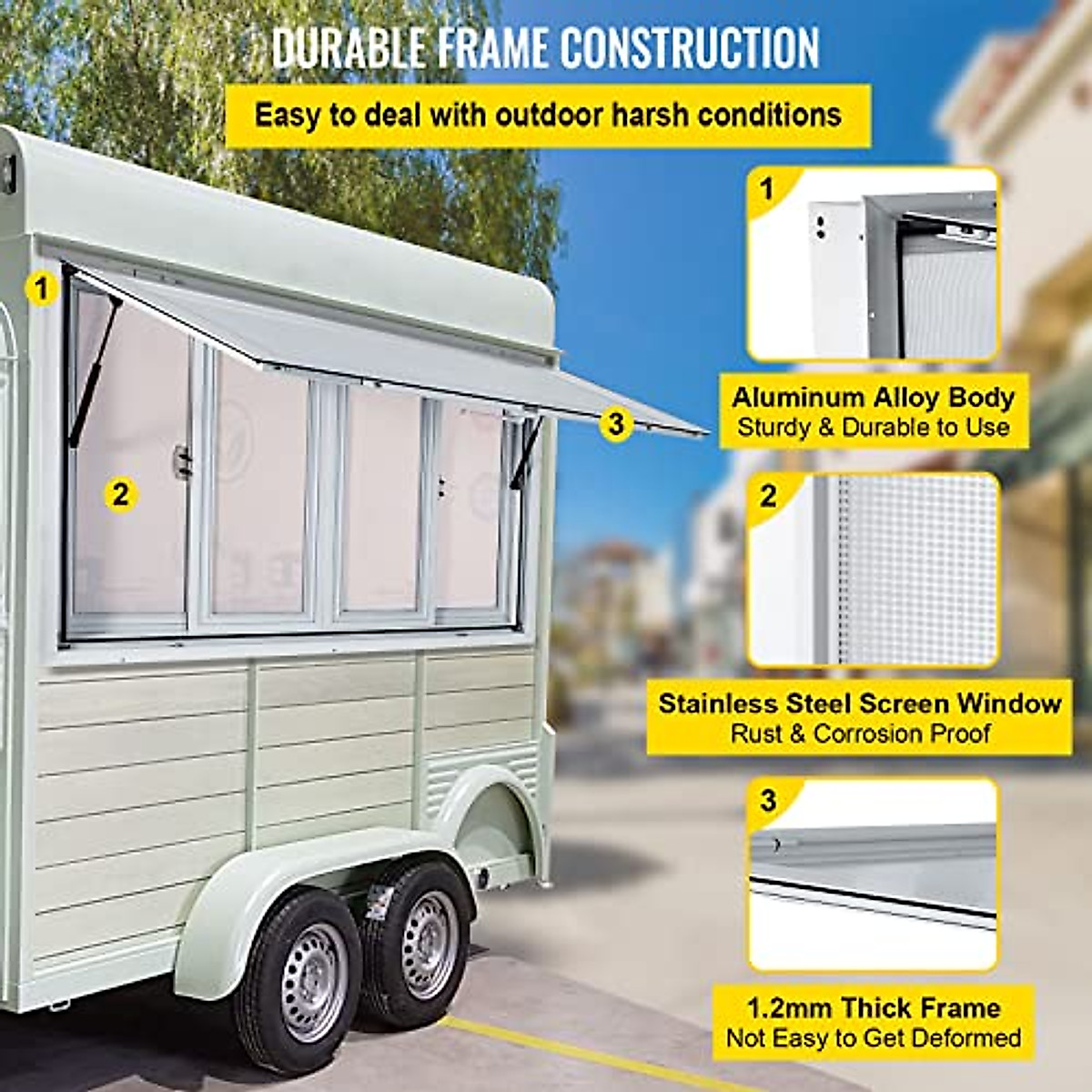 VEVOR Concession Window 60 x 36 inch, Aluminum Alloy Food Truck Service Window with 4 Horizontal Sliding Screen Windows & Awning Door & Drag Hook, Serving Window for Food Trucks Concession Trailers