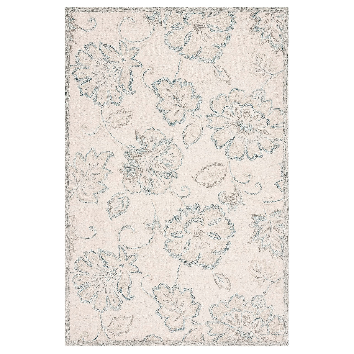 SAFAVIEH Micro-Loop Collection Area Rug - 5' x 8', Ivory & Blue, Handmade Floral Wool, Ideal for High Traffic Areas in Living Room, Bedroom (MLP477A)