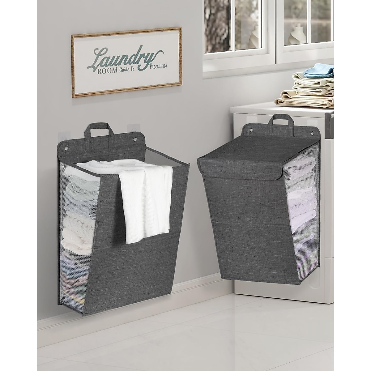 Lifewit 50L Hanging Laundry Hamper, 2 Pack Collapsible Large Opening Portable Laundry Basket with Lid and Handle, Wall Mounted Mesh Dirty Clothes Hamper Over the Door and Wall for Bathroom Dorm, Black