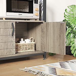 Bestier Microwave Stand with Storage Cabinet, Height-Adjustable Bakers Racks for Kitchen with Wheels & Feet, Industrial Rolling Coffee Bar Shelf with 10 S-Hooks Grey Wash