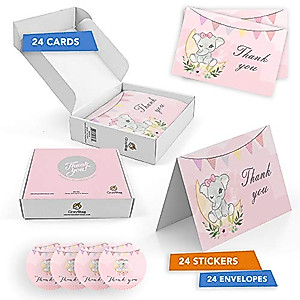 Thank You Baby Shower Card for Girls - UV Emboss Matt Finish. 24 Pack Pink Elephant Baby Girl Cards. Girl Sprinkle Thank You Cards with Envelopes & Stickers.