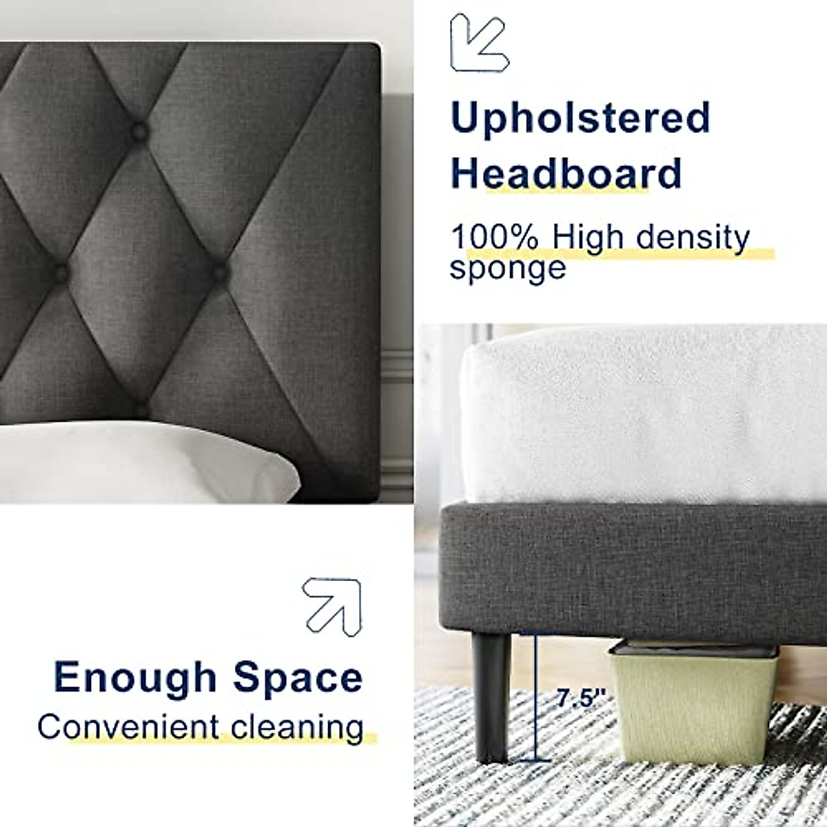 Molblly Twin Size Platform Bed Frame with Adjustable Headboard, Linen Fabric Wrap, Strong Frame and Wooden Slats Support, No Box Spring Needed, Non-Slip and Noise-Free, Easy Assembly, Dark Grey