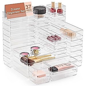 SMARTAKE 37-Piece Drawer Organizer with Non-Slip Silicone Pads, 4-Size Desk Drawer Organizer Trays Storage Tray for Makeup, Jewelries, Utensils in Bedroom Dresser, Office and Kitchen (Clear)