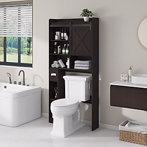 Befrases Over The Toilet Storage Cabinet, Farmhouse Storage Cabinet Over Toilet with Sliding Doors & Toilet Paper Holder Stand，Home Space-Saving Toilet Rack, for Bathroom, Laundry, Restroom(Espresso)