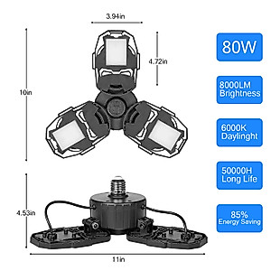 80W LED Garage Lights, Deformable Garage Light with 3 Adjustable Wings, 8000LM, E26 LED Shop Light, Barn Light, High Bay Light, Ceiling Lighting Fixture for Warehouse (No Motion Detection)