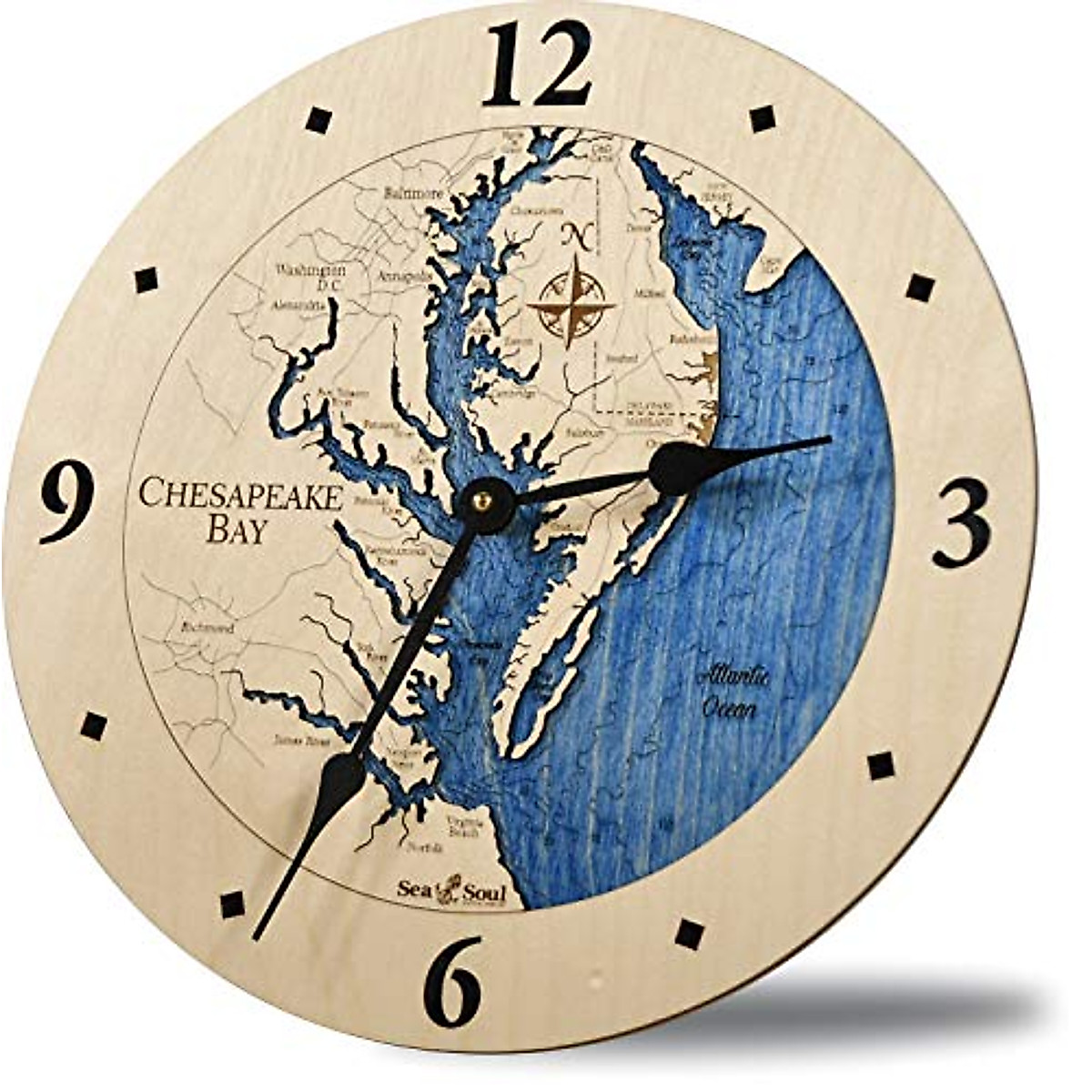 Sea & Soul Chesapeake Bay 3-D Nautical Wood Chart 12" Wall Clock, Handcrafted in The USA, Topographic Water Map Clock, Carved Lake Art Wall Clock, Coastal Décor (Deep Blue)