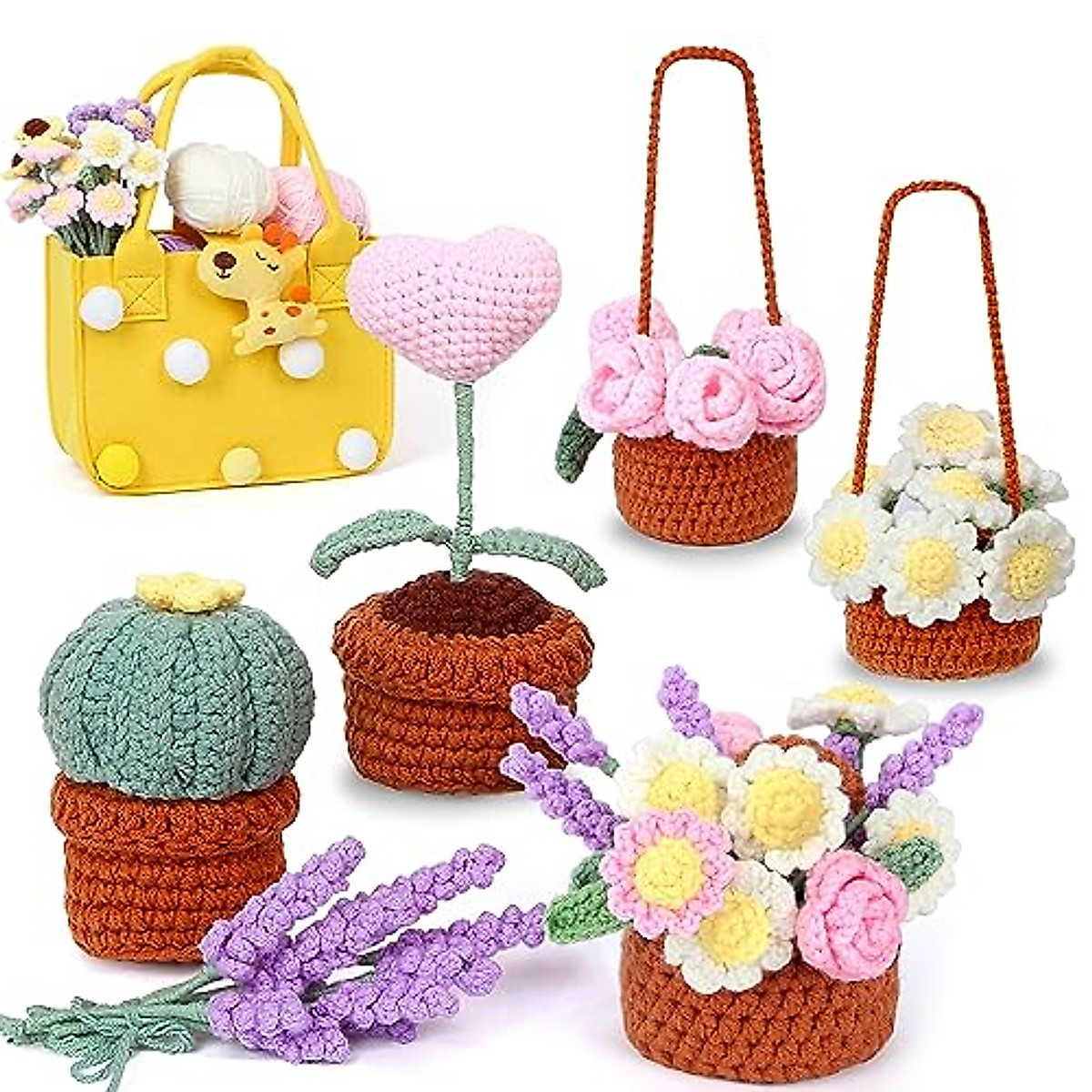 yazi Flower Crochet Kit for Beginners-5 Pack Hanging Potted Plants Crochet Starter Kit with Video, Learn to Crochet Rose Lavender Daisy Heart Cactus Pot for Adults,DIY Knitting Supplies