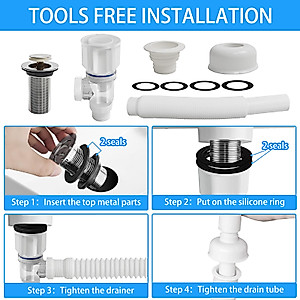 Bathroom Sink Drain Pipe Kit,Bathroom Sink Drain with Strainer Basket Hair Catcher and pop-up Stopper Flexible Sink Drain Pipe P-Trap，Suitable for drains Including for 1-1/4'' & 1-1/2''，RuQiankun