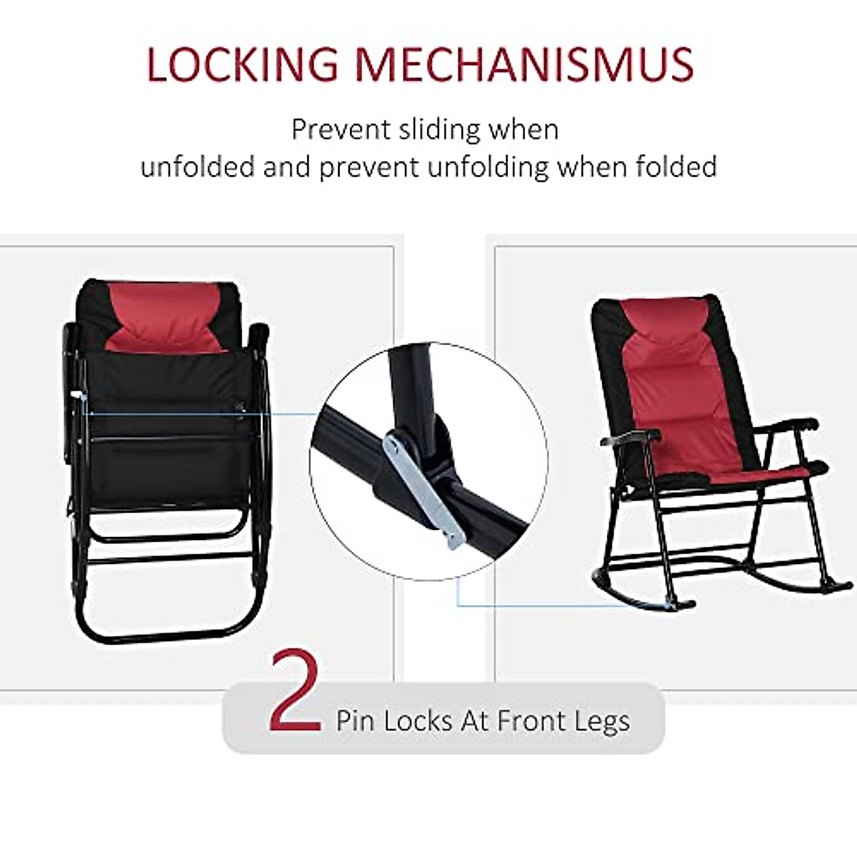 Outsunny 2 Piece Outdoor Rocking Chair Set, Patio Furniture Set with Folding Design, Armrests for Porch, Camping, Balcony, Red