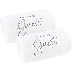 AuldHome Design Guest Towels (Set of 2, White w/Gray); Be Our Guest Monogrammed Hand Towels