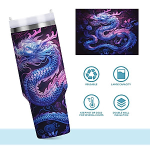Nesatuwa 40 oz Blue Purple Dragon Tumbler with Handle and Straw Lid,Reusable Stainless Steel Vacuum Insulated Tumbler Leakproof Travel Coffee Mug for Iced and Hot Beverages