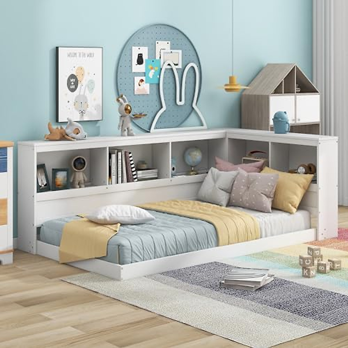 BOVZA Wooden Twin Size Daybed with L-Shaped Bookcase Headboard, Corner Floor Bed Frame with Storage Cabinets and USB Ports, White