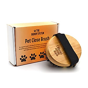 The Buddy System Pet Close Brush, Soft Touch Oval Palm Brush - Bamboo Massage Handheld with Soft Boar Bristles and Elastic Band for Dogs and Cats