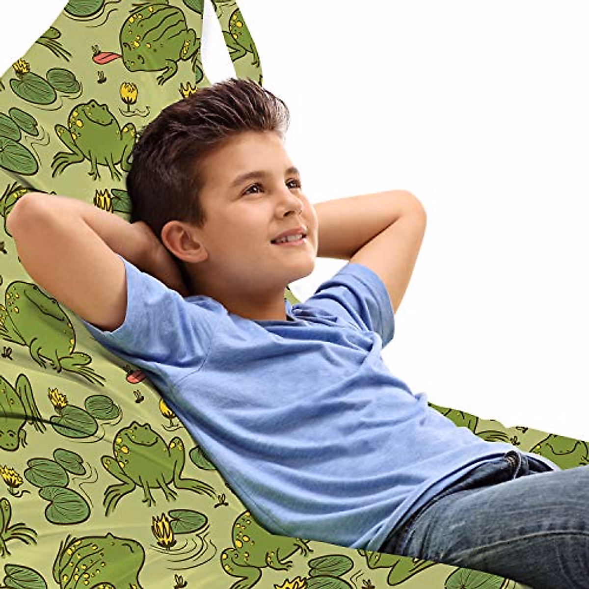Lunarable Frogs Lounger Chair Bag, Childish Hand-Drawing with Green Happy Amphibians on a Floral Pond, High Capacity Storage with Handle Container, Lounger Size, Pale Green Fern Green
