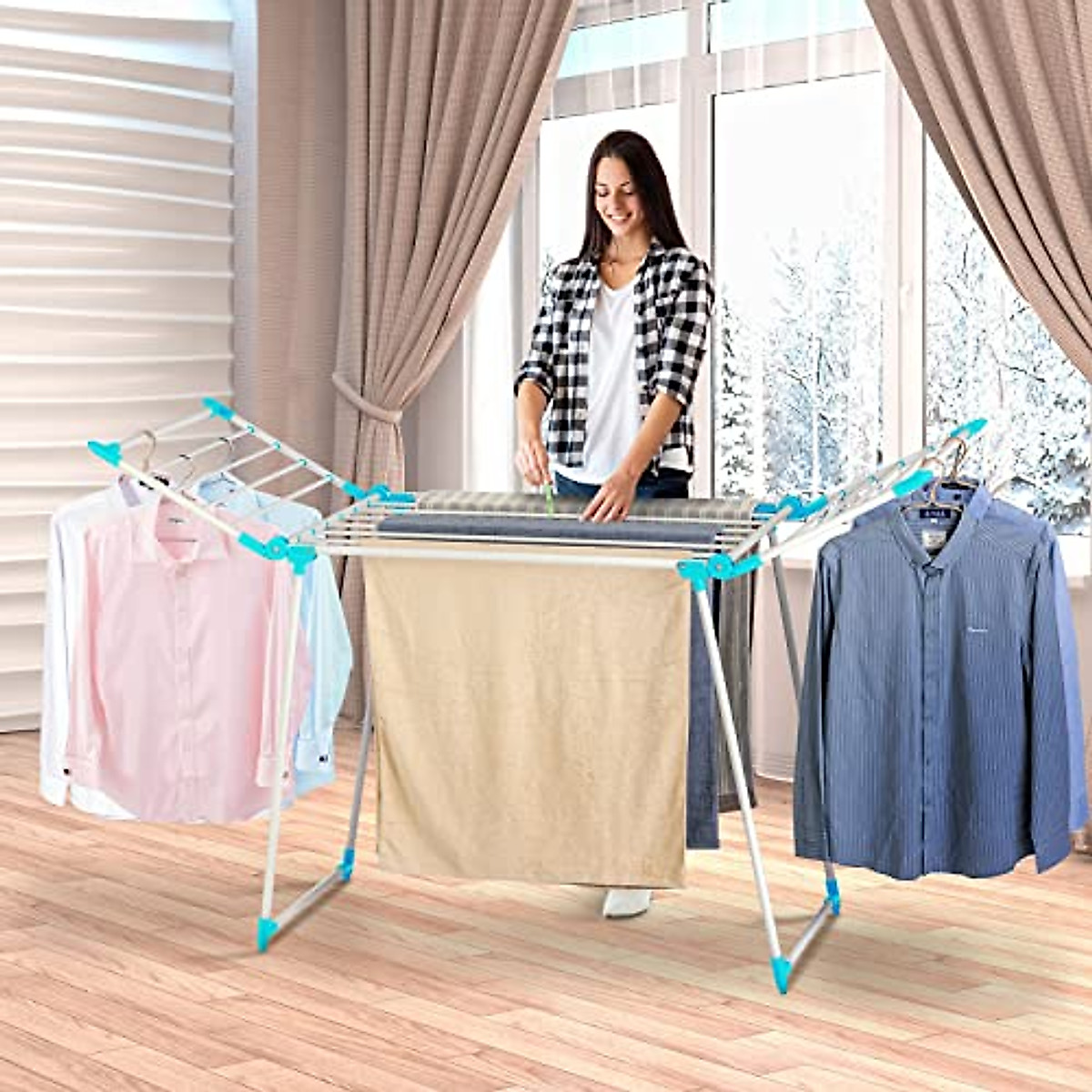 YUBELLES Clothes Drying Rack, Gullwing Laundry Rack, Collapsible, Space-Saving Laundry Rack, with Bonus Sock Clips, for Clothes, Towels, Linens, Indoor/Outdoor, Cyan