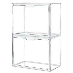ZLLZUU Clear Storage Bins with Lids, 2 Pack Acrylic Display Case with Magnetic Door for Cosmetic Collectibles Large Figures Models, Stackable Acrylic Storage Box for Home Office Living Room Dorm