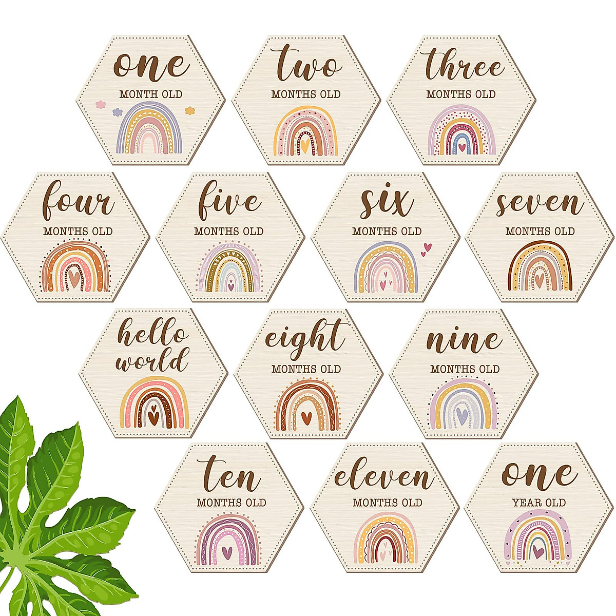 13 Pcs Wooden Baby Shower Milestone Blocks Cards Wood Baby Shower Month Signs Discs Boho Double Side Print Marker Gift Photo Prop Disc Set Birth Announcement for Baby Shower Newborn(Rainbow)