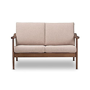 Baxton Studio Venza Mid-Century Modern Walnut Wood Light Brown Fabric Upholstered 2-Seater Loveseat