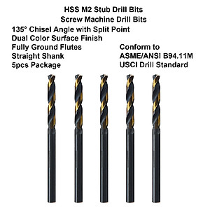 MAXTOOL 3/64" 5pcs Identical Screw Machine Drills HSS M2 Twist Stub Drill Bits Black & Bronze Fully Ground Straight Shank Short Drills; SMF02H10R03P5