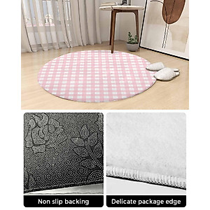 Pink Lattice Fluffy Round Area Rug Carpets 3ft, Plush Shaggy Carpet Soft Circular Rugs, Non-Slip Fuzzy Accent Floor Mat for Living Room Bedroom Nursery Home Decor Farmhouse Buffalo Plaid Checkered