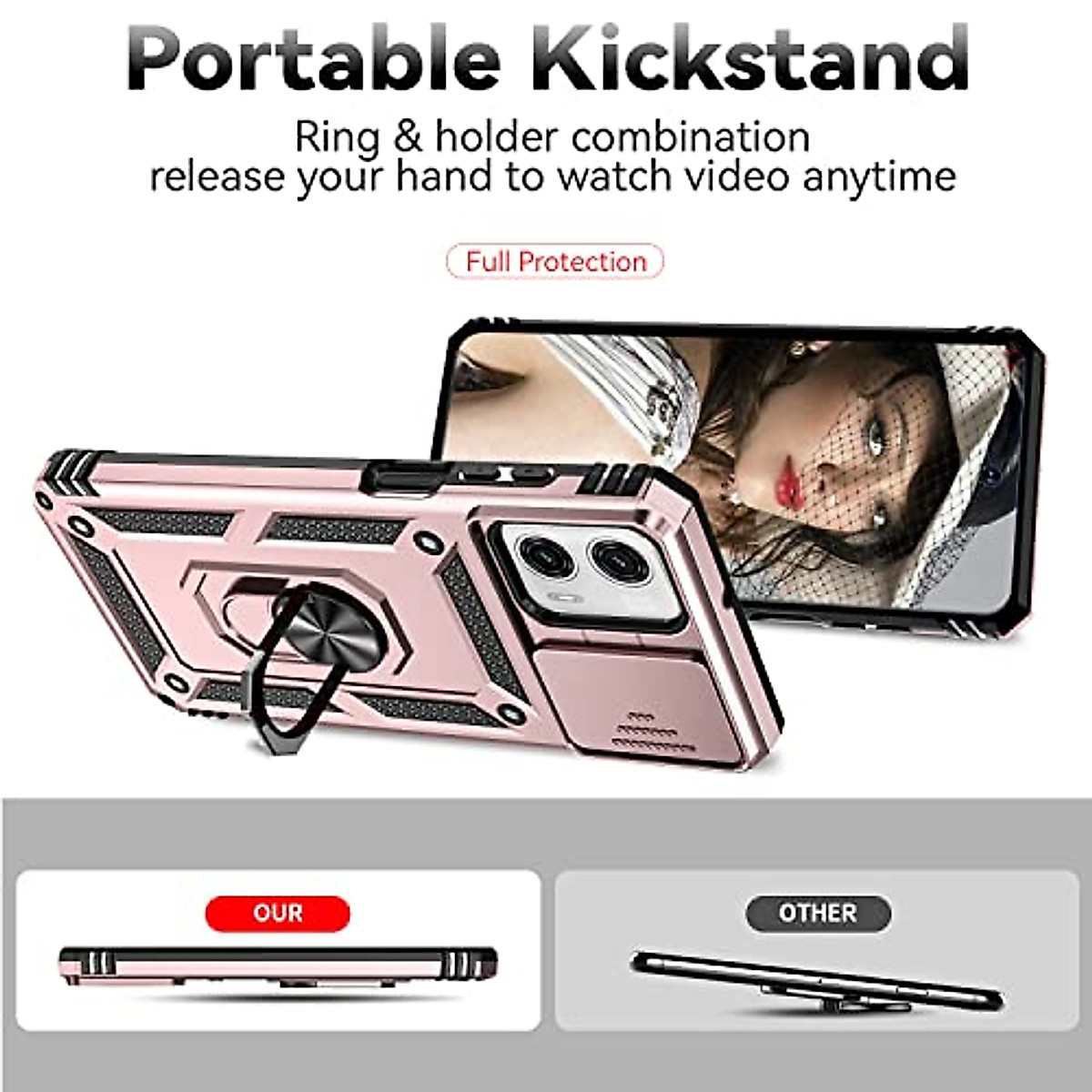 Compatible with Motorola Moto G Power 5G 2023 Case,[2 Pack] Screen Protector,Heavy Duty Phone Cover with Magnetic Kickstand,Slide Camera Cover Protection,for Moto G Power 2023 Phone Case Pink