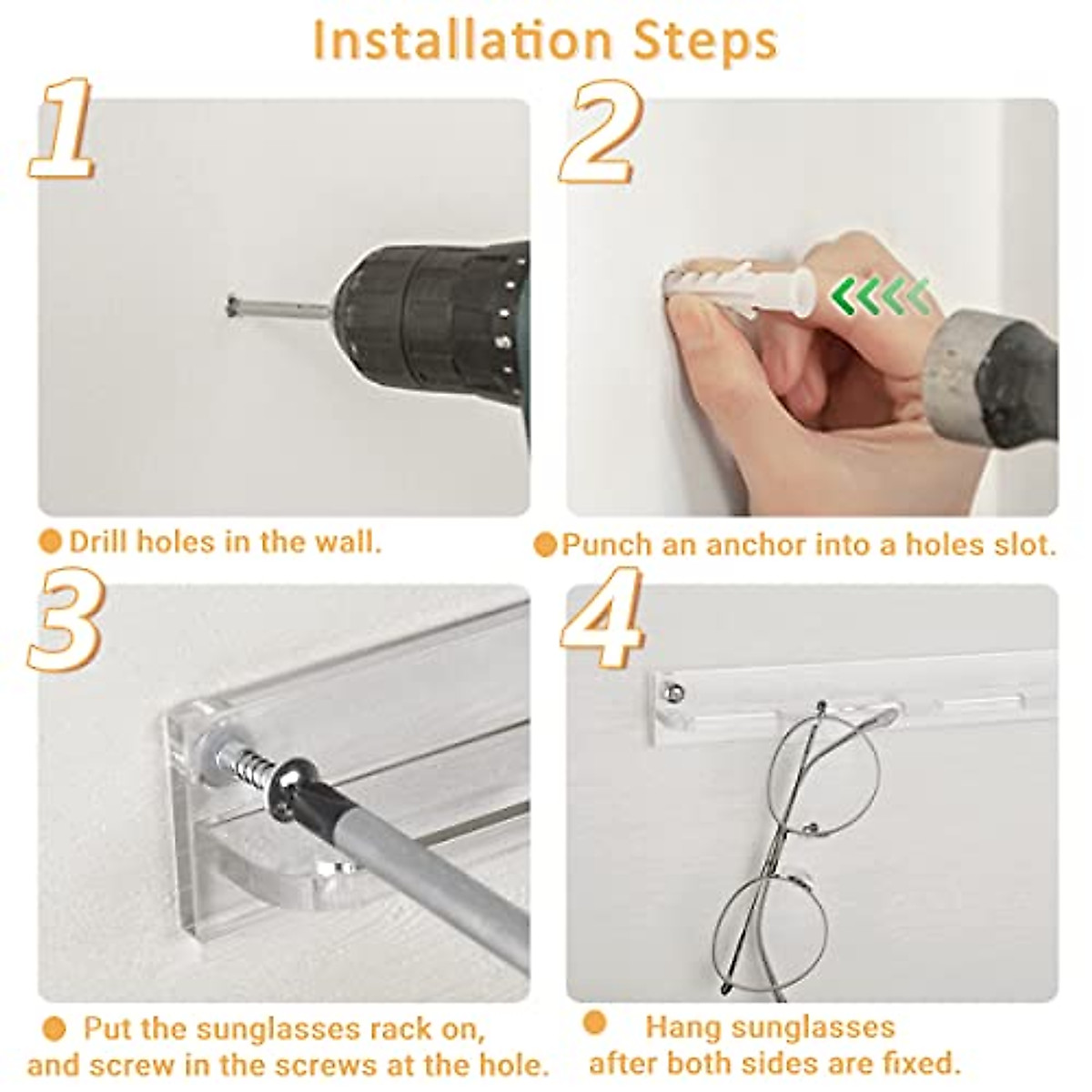 HONZUEN Acrylic Sunglasses Organizer 3 Pack, Clear Sunglasses Storage Holder Wall Mounted, Eyeglasses Holder Hanging Display Rack with Shelf, Eyewear Necklace Hanging for Entryway Living Room Bedroom