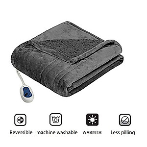 Beautyrest Reversible Microlight to Sherpa Electric Blanket, Auto Shut Off, Virtually Zero EMF, Multi Heat Setting, UL Certified, Machine Washable, Grey Oversized Throw (60 inx70 in)