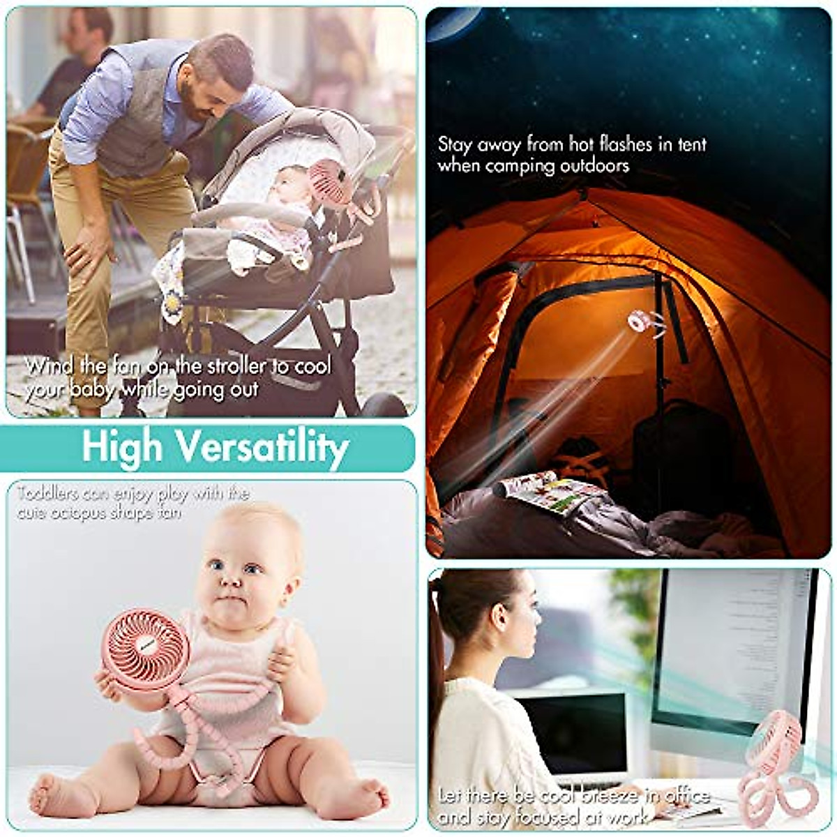 AMACOOL Battery Operated Stroller Fan Flexible Tripod Clip On Fan with 3 Speeds and Rotatable Handheld Personal Fan for Car Seat Crib Bike Treadmill (Pink)