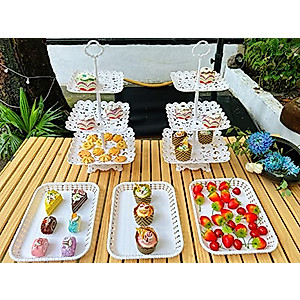 5 Pieces Dessert Stand Set Includes 2 Pack of 3-Tier Plastic Cupcake Stand & 3 Pack of Rectangle Serving Tray Reusable Platters Cupcake Holders for Wedding Baby Shower Tea Party Birthday Party