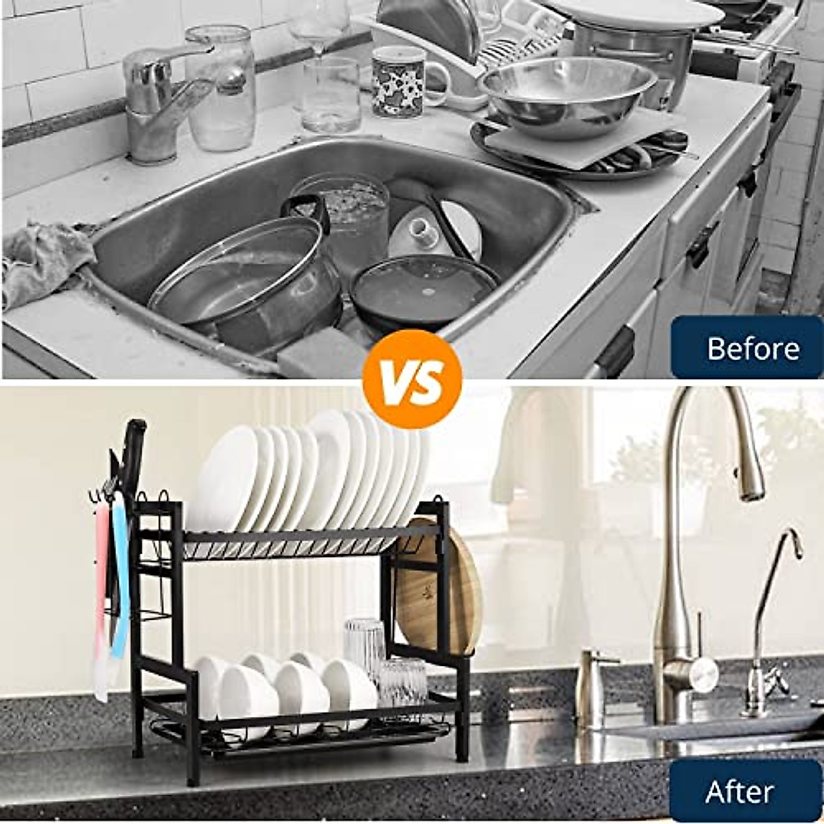 Flexzion 2 Tier Dish Drying Rack Drainboard Set, Kitchen Drying Rack Dish Drainer with Utensil Holder, Cup Hanger, Tray Plate Rack for Kitchen Countertop, Organizer, Storage Accessories, Black