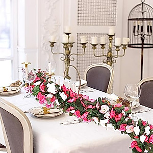 6pcs 49.2 FT Artificial Rose Vines Hanging Rose Flower Garlands,Faux Silk Floral and Leaves,Fake Ivy Garland for Room Wall Backdrop Wedding Arch Garden Party Background Decor (Pink)