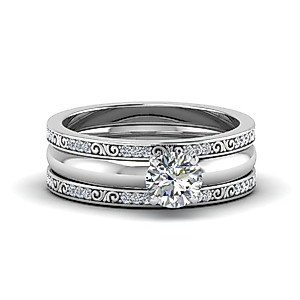 Jewelryonclick 3 Piece Diamond Bridal Set with Filigree Sterling Silver Created Cubic Zircon Round Shape White Color Trio Wedding Ring Sets Prong Setting in Size 9 Fashion Jewelry