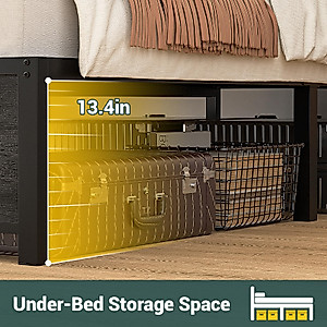 Unikito Full Size Bed Frame with LED Light & Power Outlet, Platform Bed with Upholstered Headboard and Storage, Sturdy Metal Slats Support, No Box Spring Needed, Easy Assembly, Noise-Free, Black Oak