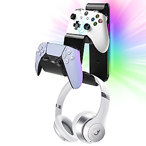 ArtCWK RGB Dual Game Controller & Headphone Holder Charger with 10 Light Modes and 2 USB Charging Port, Wall Mount Stand Charger for Xbox PS5 PS4 PS3 Xbox Switch, for All Universal Gamepad & Headsets