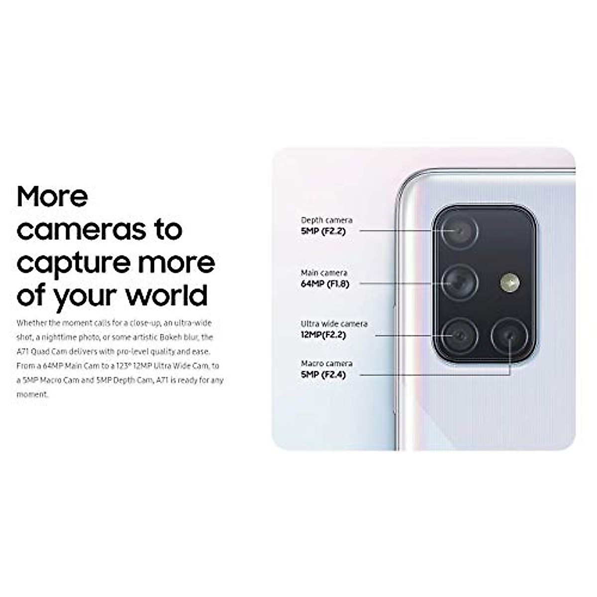 Samsung Galaxy A71 (128GB, 6GB) 6.7", 64MP Quad Camera, Single SIM, 25W Fast Charger, Android 10, GSM Unlocked US + Global 4G LTE International Model A715F (Prism Crush Black) (Renewed)