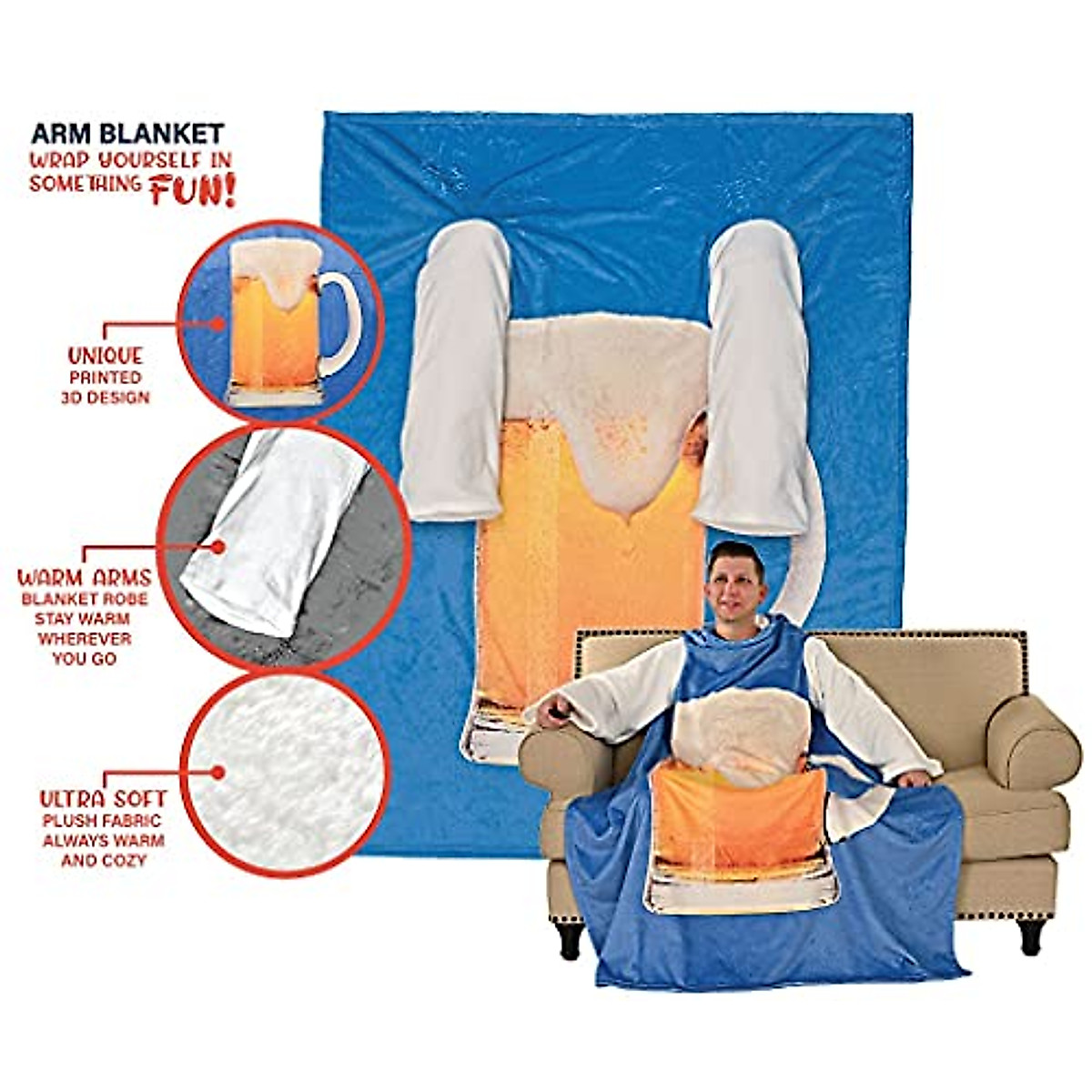 Beer Mug Wearable Sleeved Arm Blanket 70"x50" Rectangle, Snuggle Up with Warm & Cozy Microfiber Flannel Novelty Robe Blanket, for Mom, Dad, Wife or Husband for Indoor & Outdoor Use