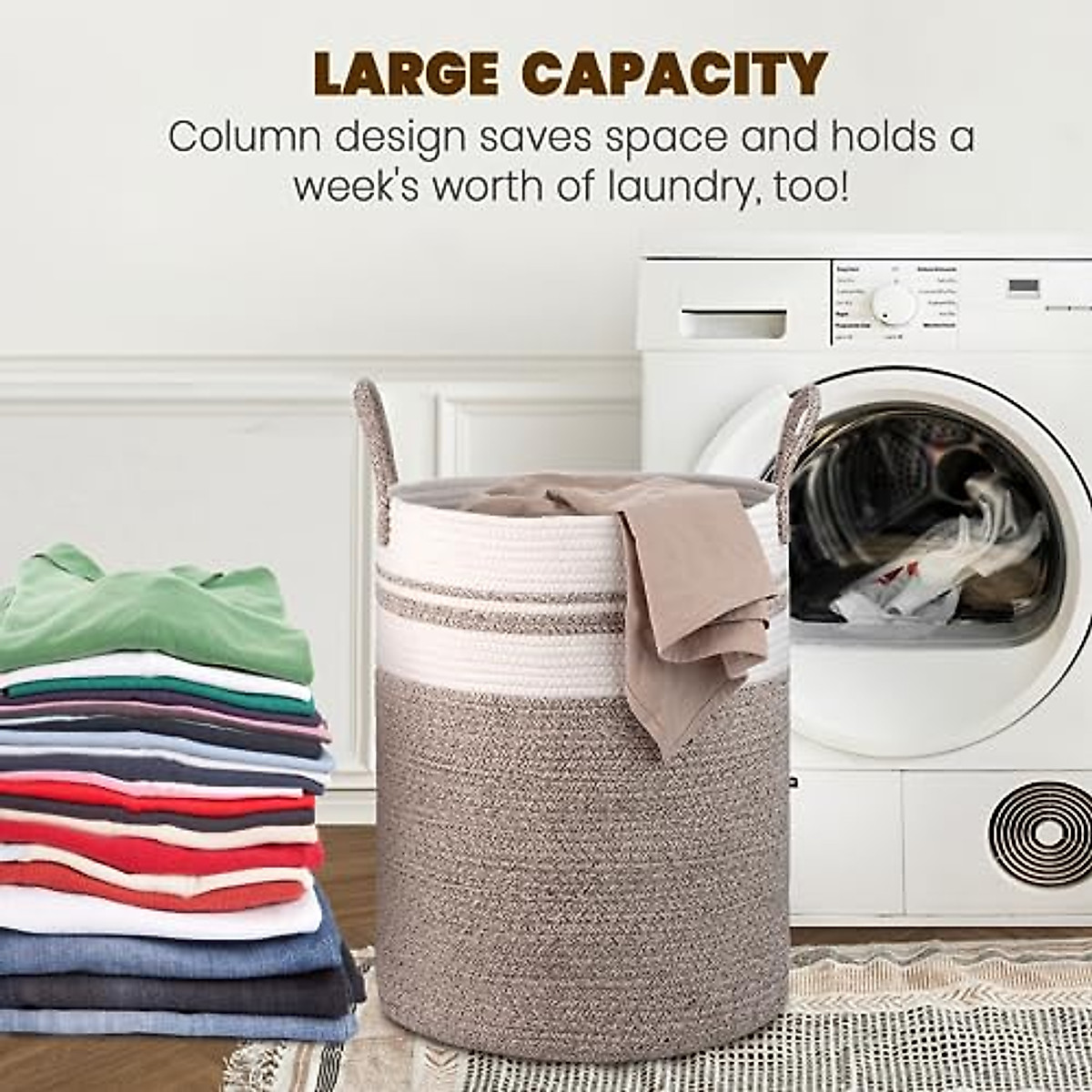 Wekin Rope Laundry Hamper Basket, 58L Tall Nursery Hamper for Blanket Storage, Large Baby Clothes/Toy Storage,Woven Hamper for Bedroom, Living Room