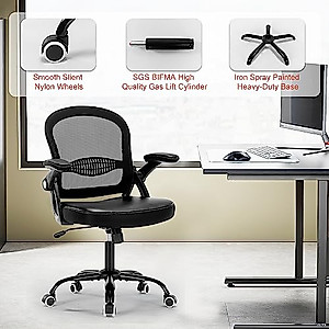 Office Chair,Ergonomic Home Desk Chairs,PU Leather Thick Cushion Mesh Office Chairs,Adjustable Executive Task Chair with Flip-up PU Armrests,360° Swivel Computer Chairs,Black