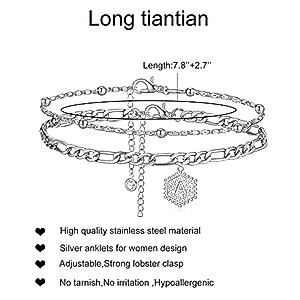 C Silver Initial Anklet for Women Layered Beaded Hexagon Letter Ankle Silver Cuban Link Anklet Bracelet for Women Men Dainty Letter Name Ankle((Silver C)