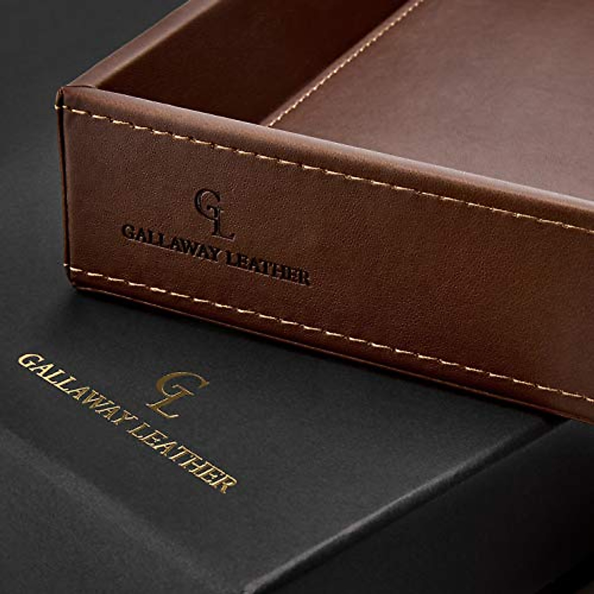 GALLAWAY LEATHER Valet Tray for Men - Nightstand Organizer EDC Tray for Wallet and Keys - Dresser Leather Catchall Dump Key Tray - Bedside Table Tray Organizer Key Bowl for Entryway Table, Dark Brown