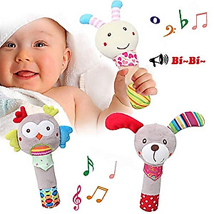 6 Pcs Baby Hanging + Hand Rattles Toys, Soft Crinkle Squeaky Sensory Learning Toy, Plush Animals Ring Stroller Infant Car Bed Crib Travel Activity Hanging Wind Chime for Babies Toddlers