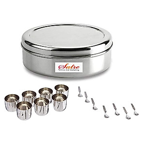 Satre Online and Marketing Stainless Steel Spice Box Without Lid,Stainless Steel Masala Box,Indian Spice Box with 7 Spice Containers and Spoons