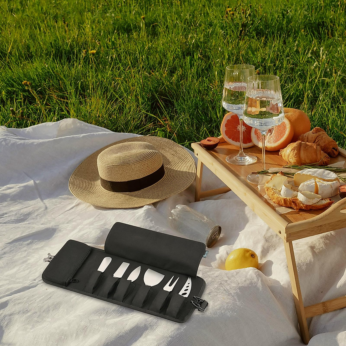 Beautyflier Cheese Knives Roll Bag, Mini Cheese Knife Set Roll Case - 6 Knife Slots and a Zipper Pocket, Canvas Chef Knife Roll Bag for Travel Party and Holiday Cheese Serving, Gray (Bag Only)