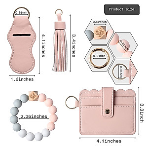 KESOCORAY Women Wristlet Bracelet Keychain Wallet,Silicone Wooden Beaded Bangle Key Ring Tassel Key Chain with Lipstick Holder for Girls(Pink)