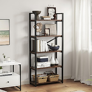 Acovy 5 Tier Bookshelf Rustic Industrial Style, Storage Shelves, Metal Book Shelves Bookcase Book Shelf Display Shelf for Home Office, Living Room, Bedroom, Kitchen (23.6" W, Brown)