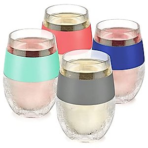 HOST Cooling Cup Set of 4 Plastic Double Wall Insulated Freezable Drink Chilling Tumbler with Freezing Gel, Wine Glasses for Red and White Wine, 8.5 oz, Assorted Colors