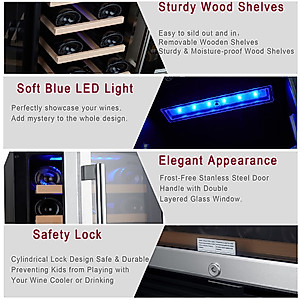 Anwick Cooler, 24 Inch Wine Refrigerator Dual Zone for 60 Cans and 20 Bottles - Mini Wine Fridge with Stainless Steel Tempered Glass Door and Temperature Memory Function