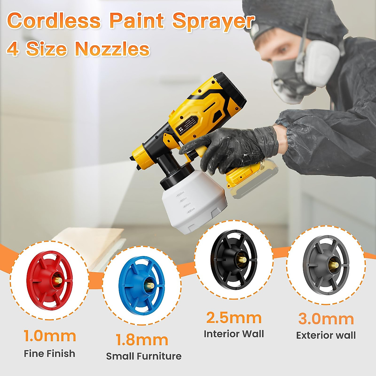 Xynover Cordless Paint Sprayer for Dewalt 20V MAX Battery, HVLP Spray Paint Gun with Brushless Motor and 4 Copper Nozzle 200W Paint Sprayer for Home Interior Exterior Paint(Battery Not Included)