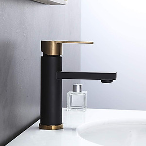 Comllen Black Single Hole Bathroom Faucet, Modern Single Handle Bathroom Sink Faucet Brushed Gold and Matte Black One Hole Lavatory Vanity Faucets with Water Supply Lines